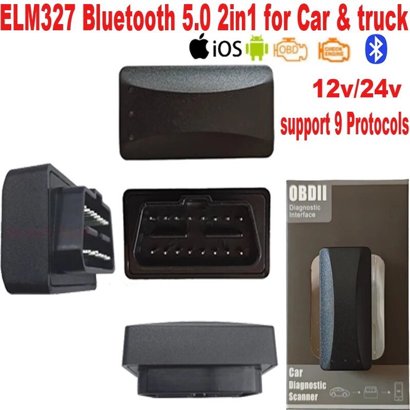 ELM327 для автомобиля и грузовика, 12 В и 24 В, Bluetooth 5,0 вяз 327 кабель OBD2, автоматический сканер, работающий на транс. — фото 1