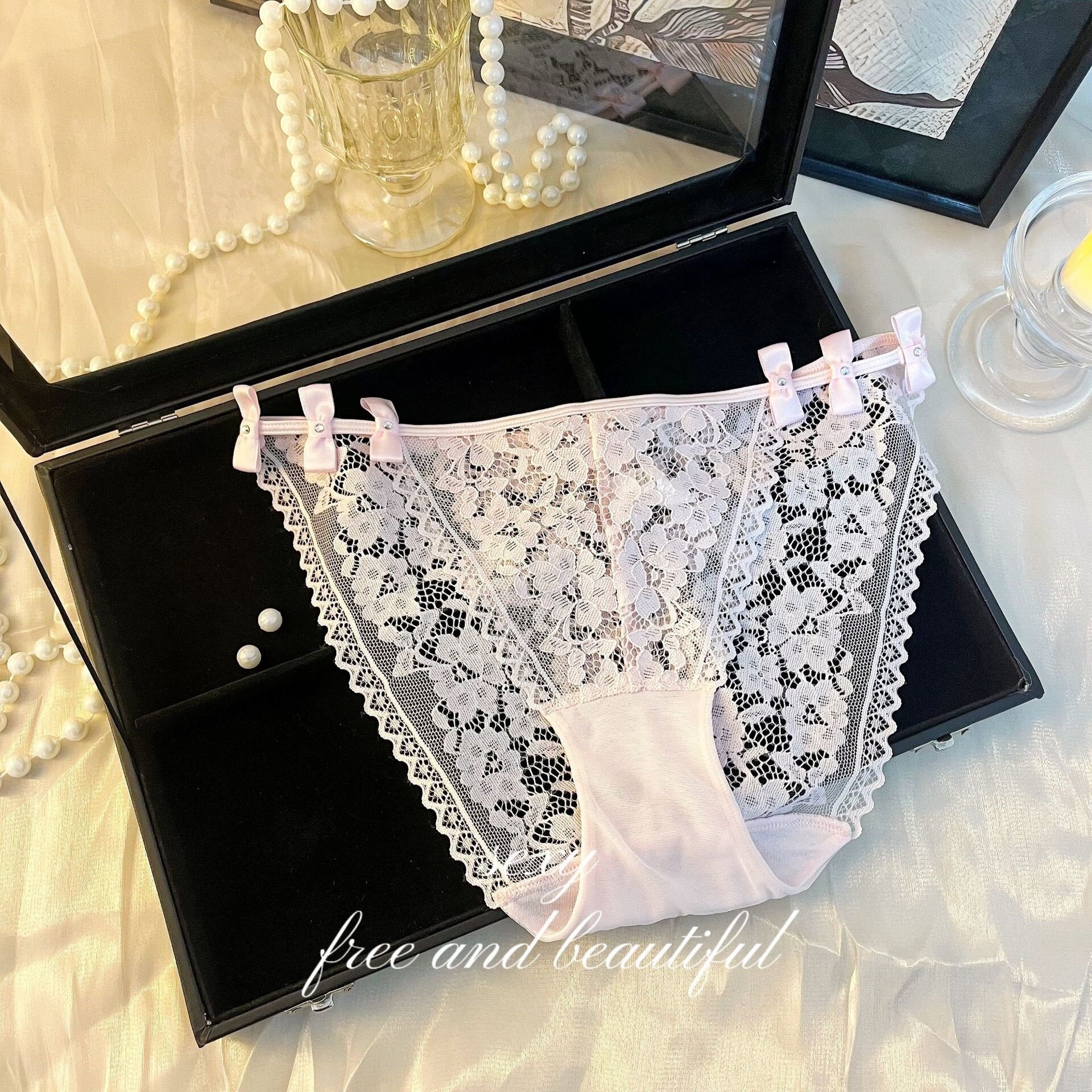 Французский стиль, сексуальные кружевные, ажурные, чистое желание, бантик, блестящие бриллианты, средняя талия, дышащие, удобные, дружелюбные к коже женские треугольные трусики