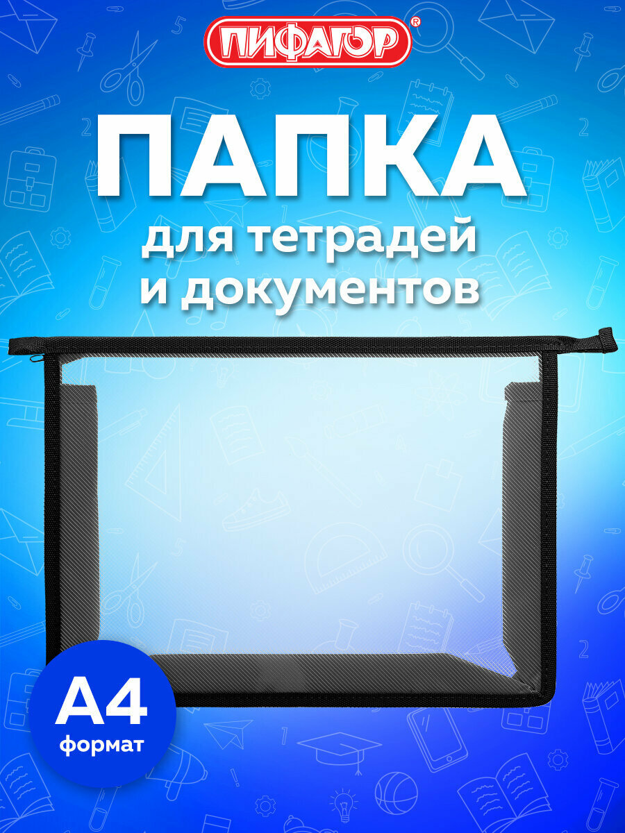Папка для тетрадей А4 Пифагор, пластик, молния сверху, прозрачная, черный, 272107