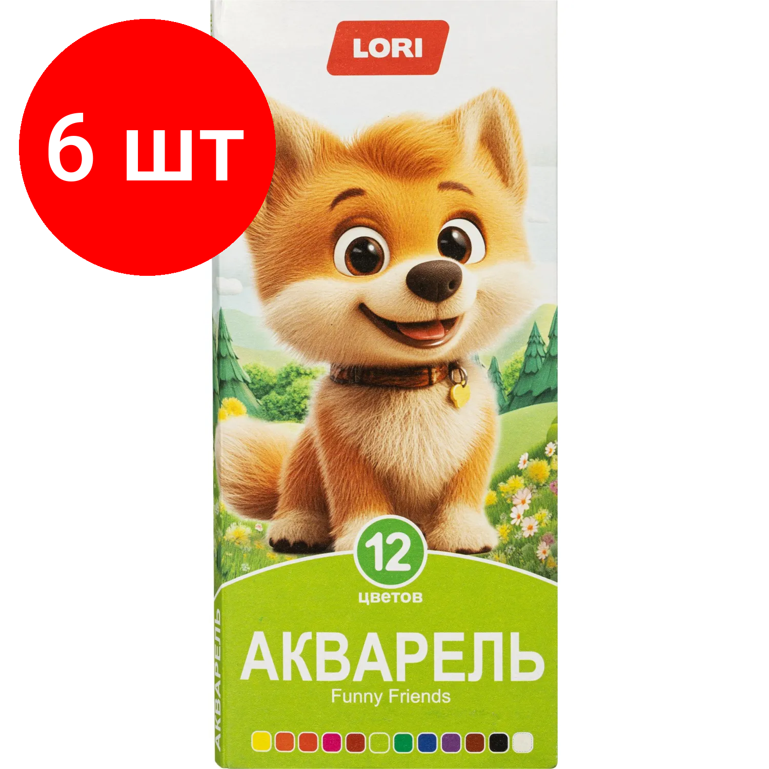 Комплект 6 упаковок, Краски акварельные FUNNY FRIENDS, 12 цветов, б/к Ааф-003 набор