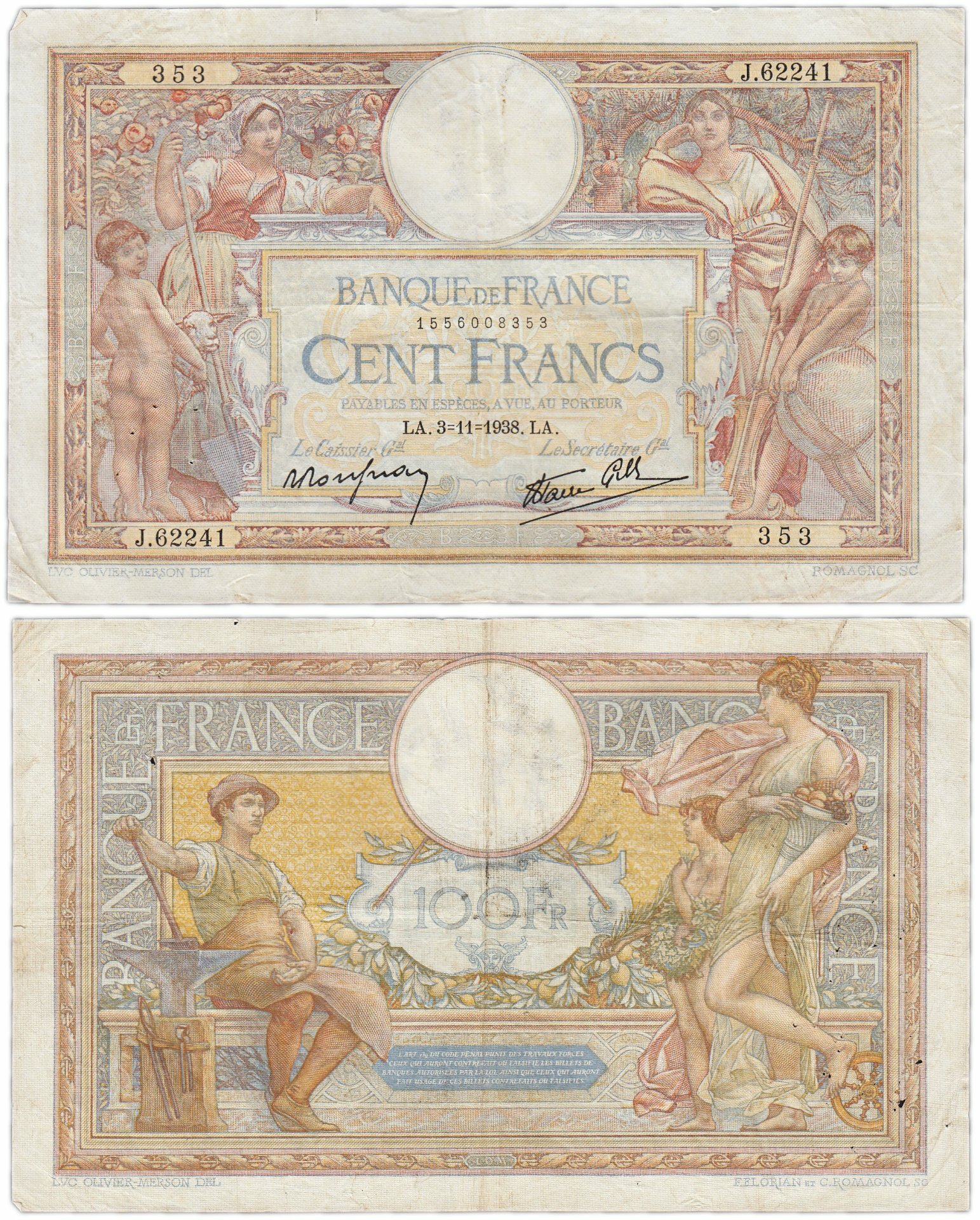 Франция 100 франков 1938 Merson modifié, Мерсон Pick 86