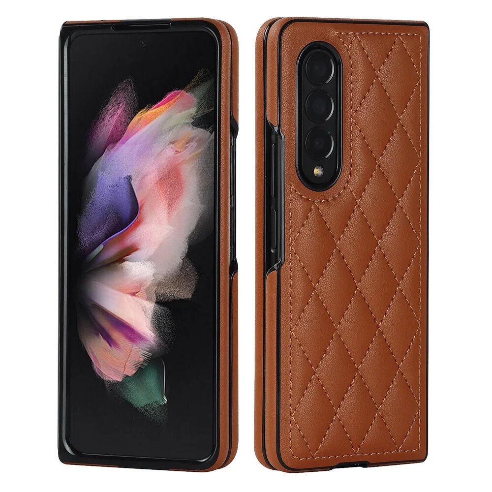 Коричневый кожаный чехол для Samsung Galaxy Z Fold 3 с ромбовидным узором