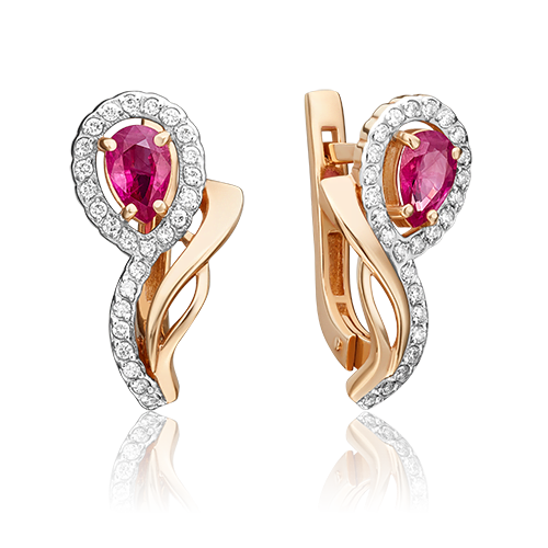Серьги, красное золото, 585 проба, бриллиант, рубин