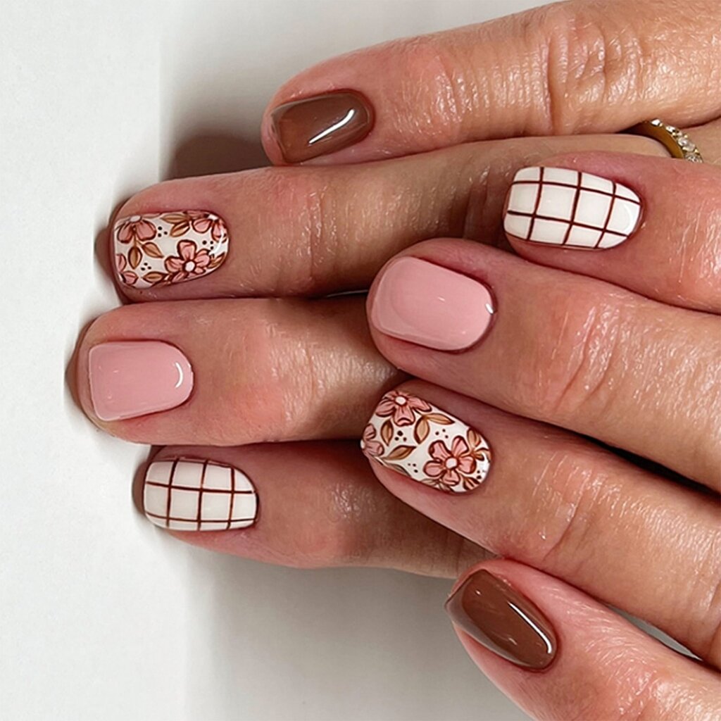 24x Полосатый Сетчатый Пресс Для Ногтей Цветы Акриловый Ноготь Короткий Квадратный Накладной Ноготь