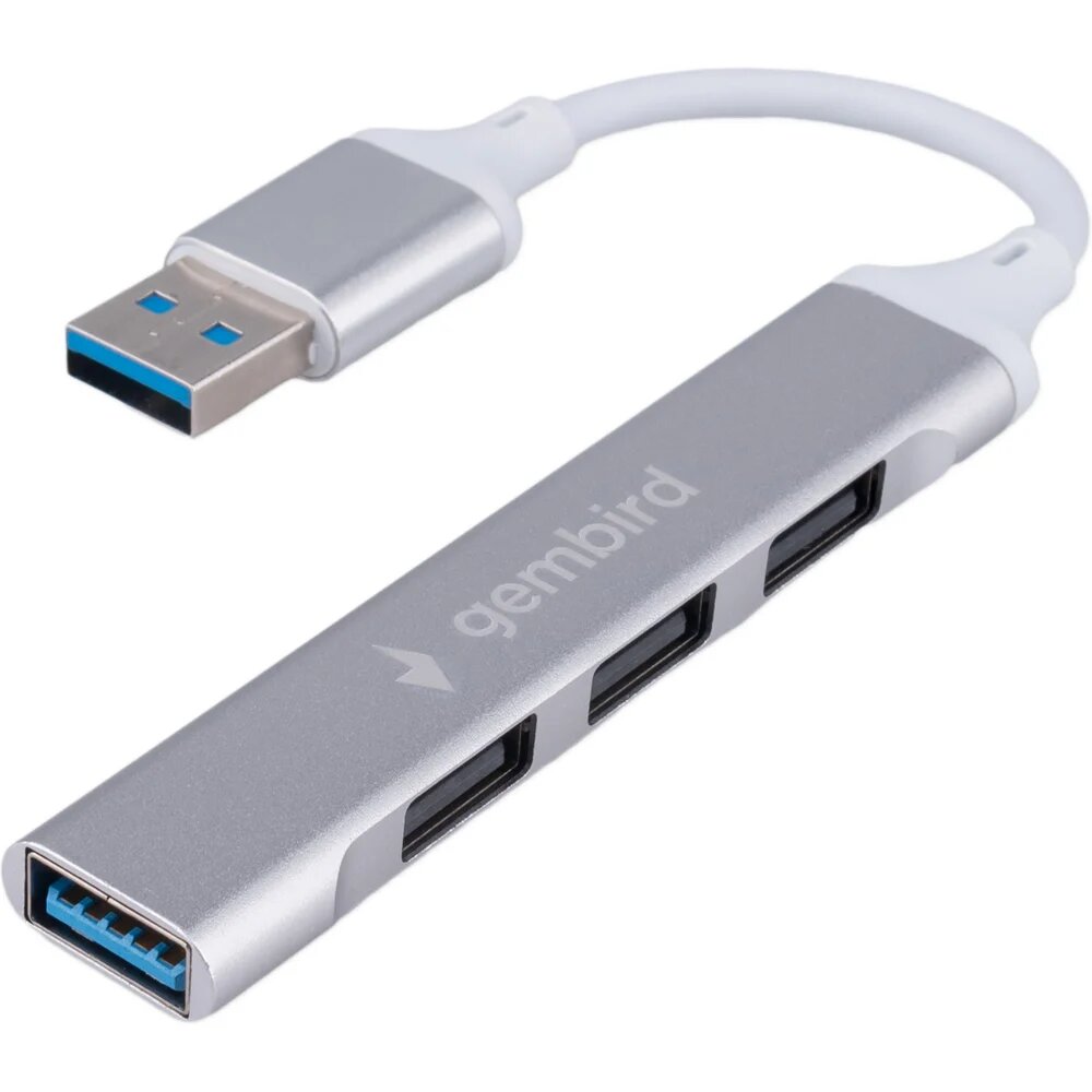 Разветвитель Gembird USB3.0/2.0, USB3.0, 3xUSB2.0, кабель USB 10см, серебристый металл, пакет, UHB-C206