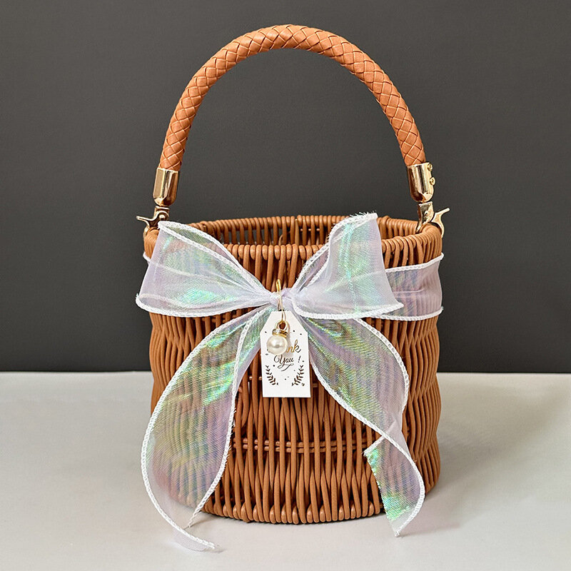 Корзина из ротанга с кружевом и кожей, 16 см диаметр x 14,5 см высота, свадебный подарок для невесты