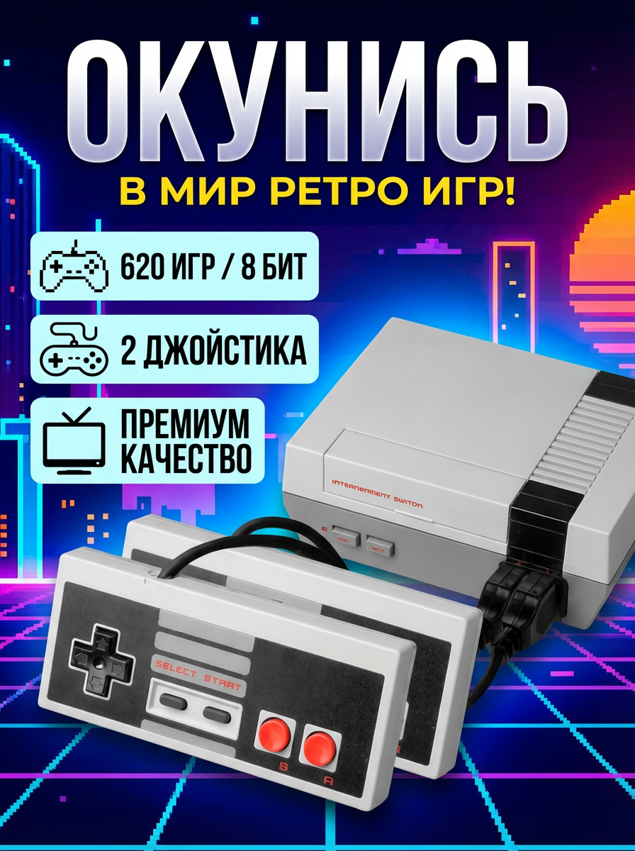 Игровая приставка 620 игр / Ретро консоль с подключением к телевизору 2 джойстика