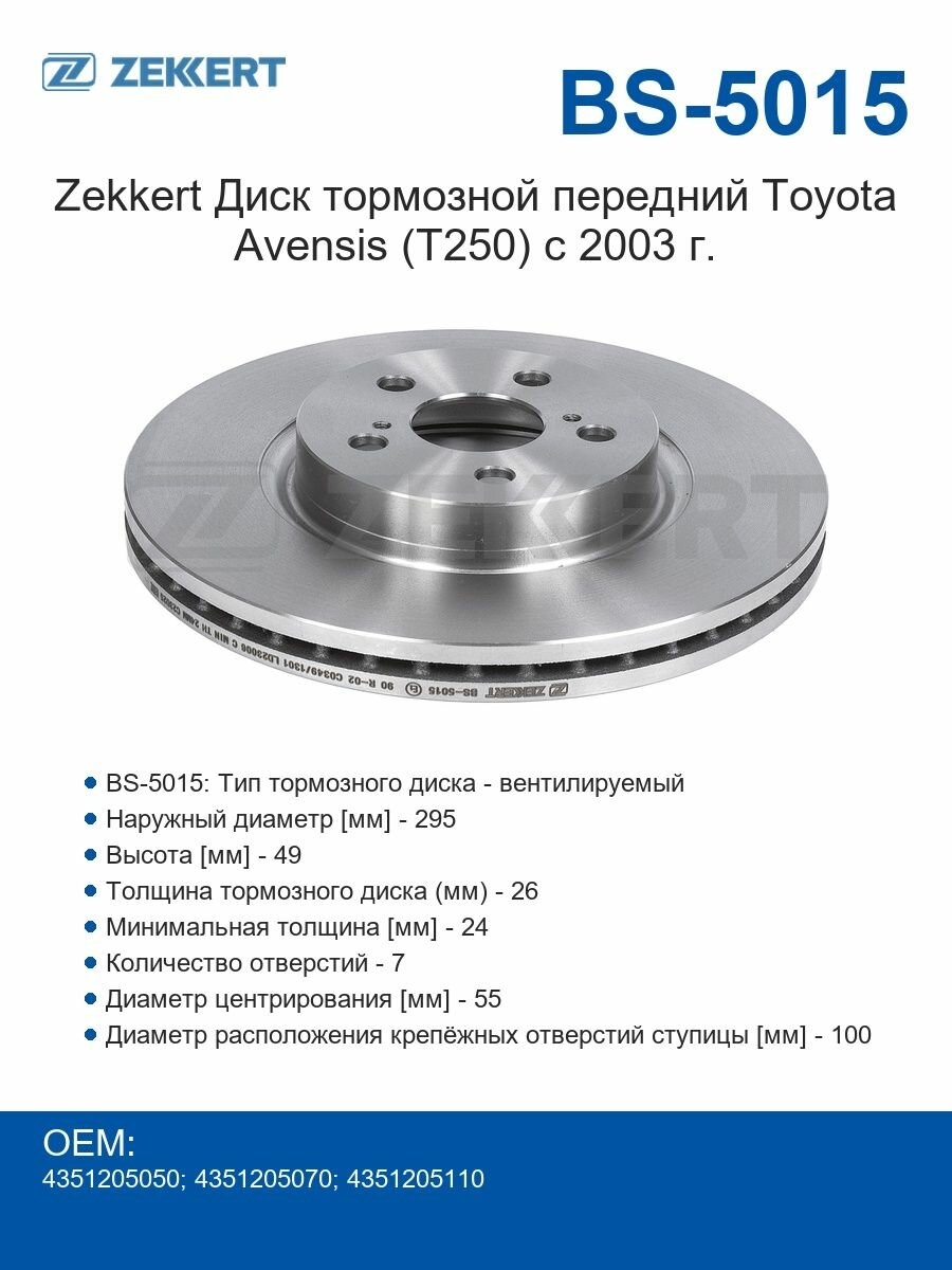 Zekkert Диски тормозные передний Toyota Avensis (T250) с 2003 г.