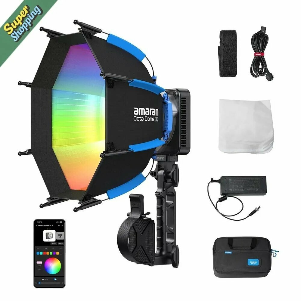 Видеосвет Amaran Ray 120c RGB, портативный студийный свет 120 Вт, IP54, цветовая температура 1800 20 000 К, управление через приложение, крепление Bowens, с переносной сумкой-софтбоксом