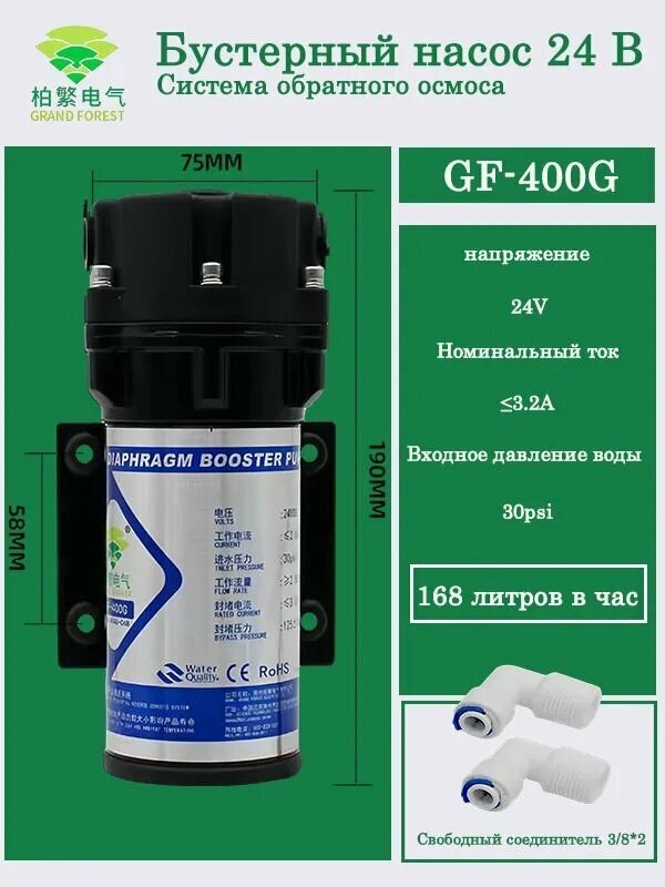 Насос обратного осмоса Grand Forest GF-400G Бустерный насос совместим с различными фильтрами и системами обратного осмоса