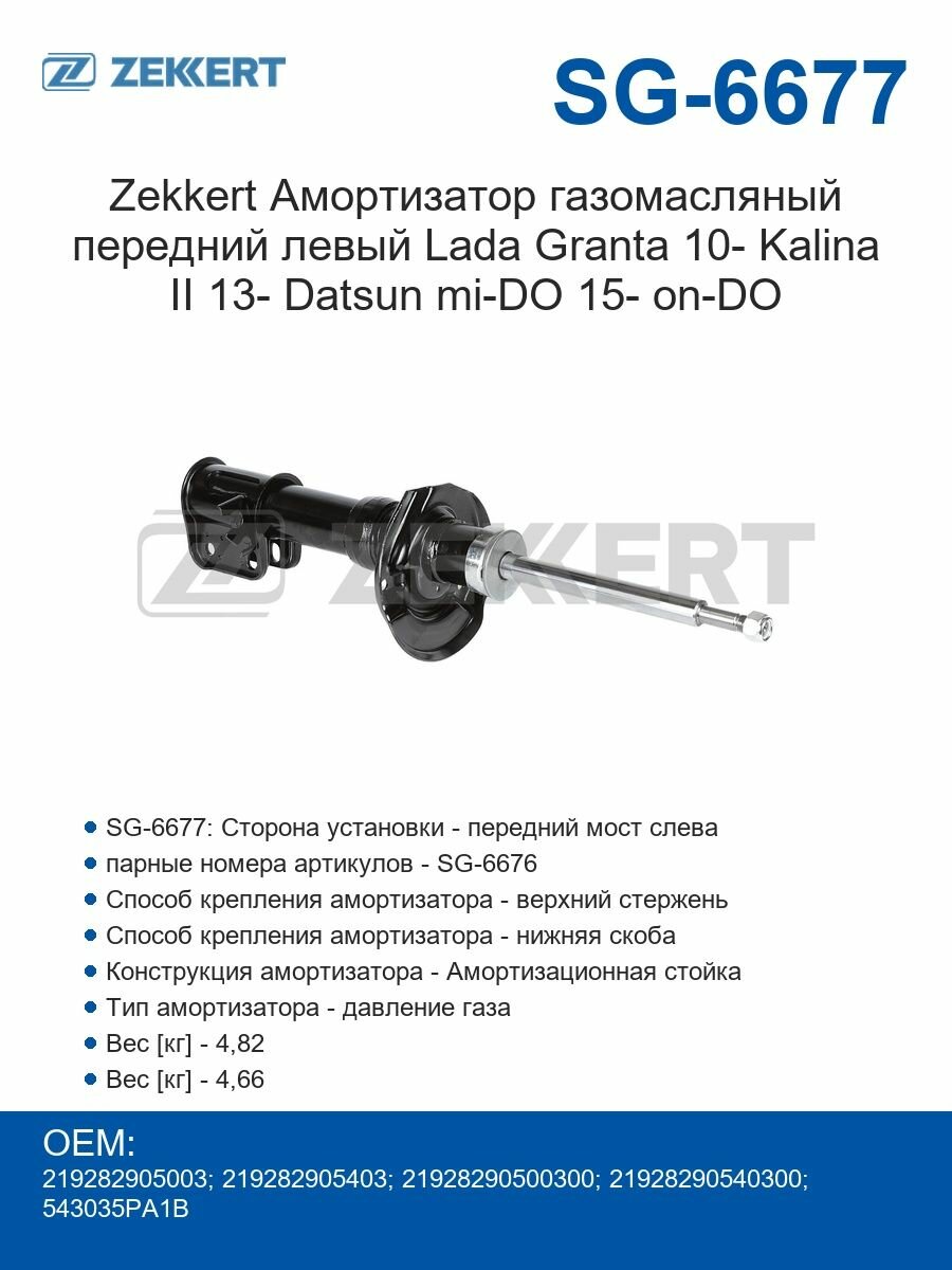 Zekkert Амортизатор газомасляный передний левый Lada Granta 10- Kalina II 13- Datsun mi-DO 15- on-DO