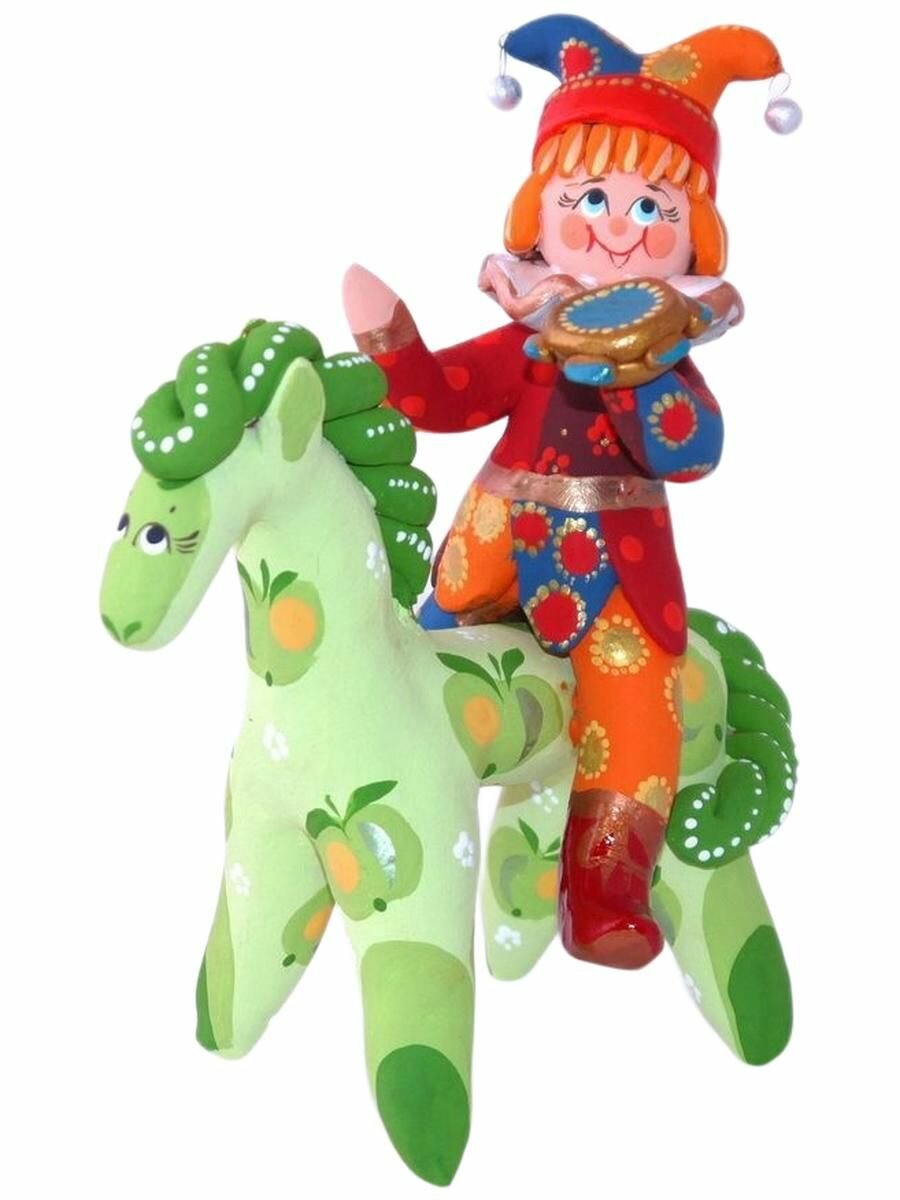 Всадник на коне - скоморох-2, Ковровская глиняная игрушка, ручная авторская работа