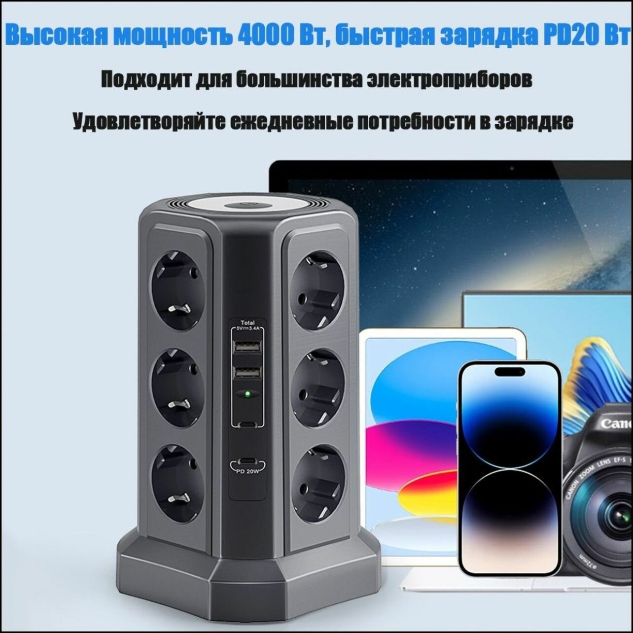 Современная розетка на 12 гнезд HITRENDS с выключателями: оснащена 2 USB и 2 TypeC для премиум зарядки, защитой от перегрузок, огнестойким и пыленепроницаемым корпусом, мощность 4000W 16A 250V