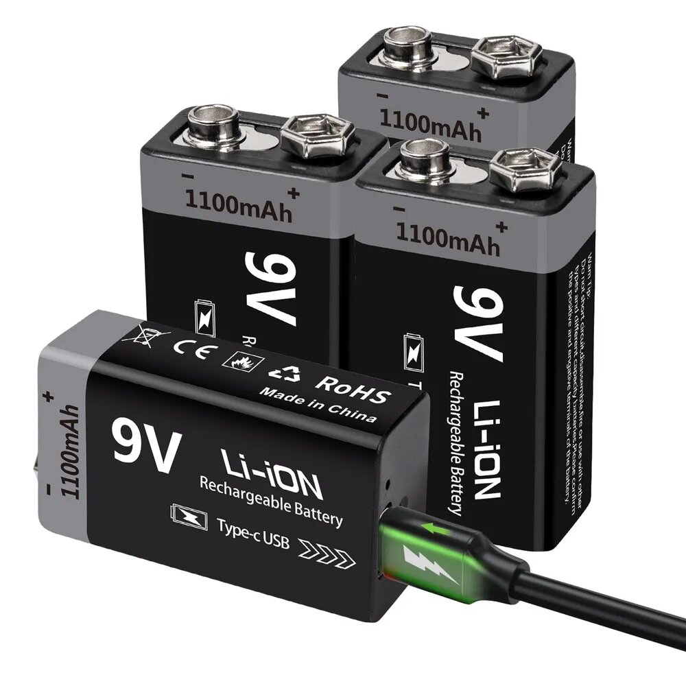 Регулируемый 9-вольтный литий-ионный аккумулятор емкостью 1100 мАч, модель 6F22, поддерживающий повторное заряжение по USB, оснащенный кабелем с разъемом Type-C.