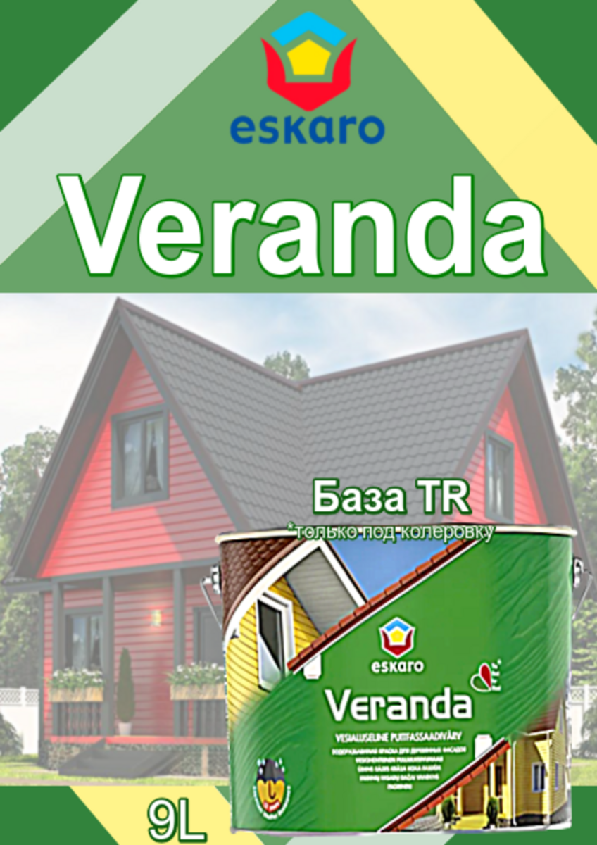 Водоразбавимая краска для деревянных фасадов Eskaro Veranda, база TR, 9л.
