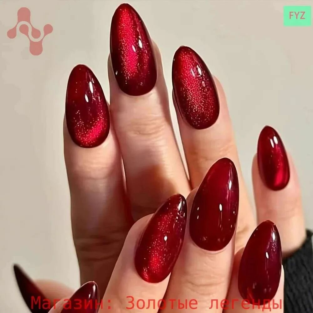 24 шт. Красные накладные ногти кошачий глаз миндалевидной формы