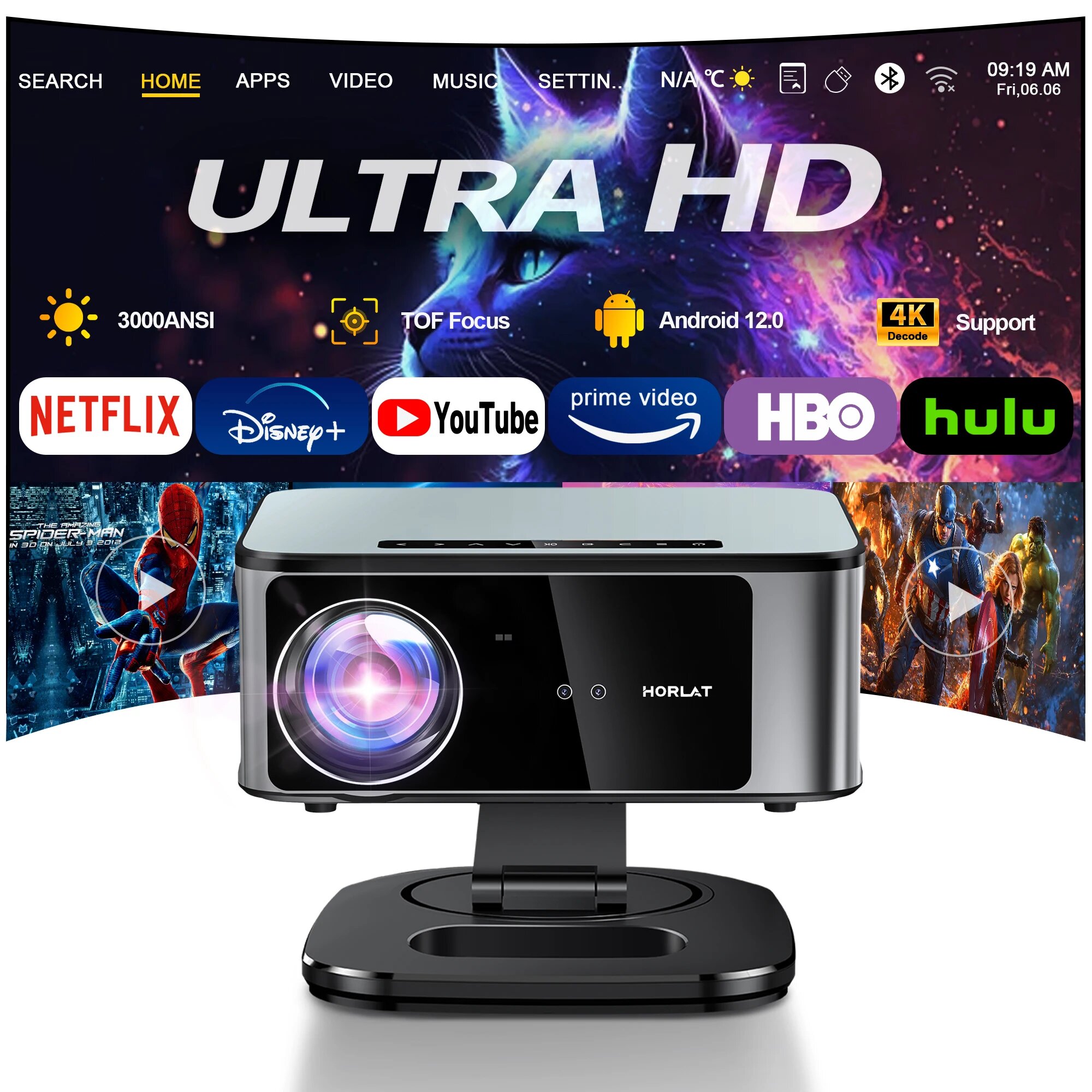 HORLAT Проектор 45000 люмен 4K UHD T10PRO Bracket