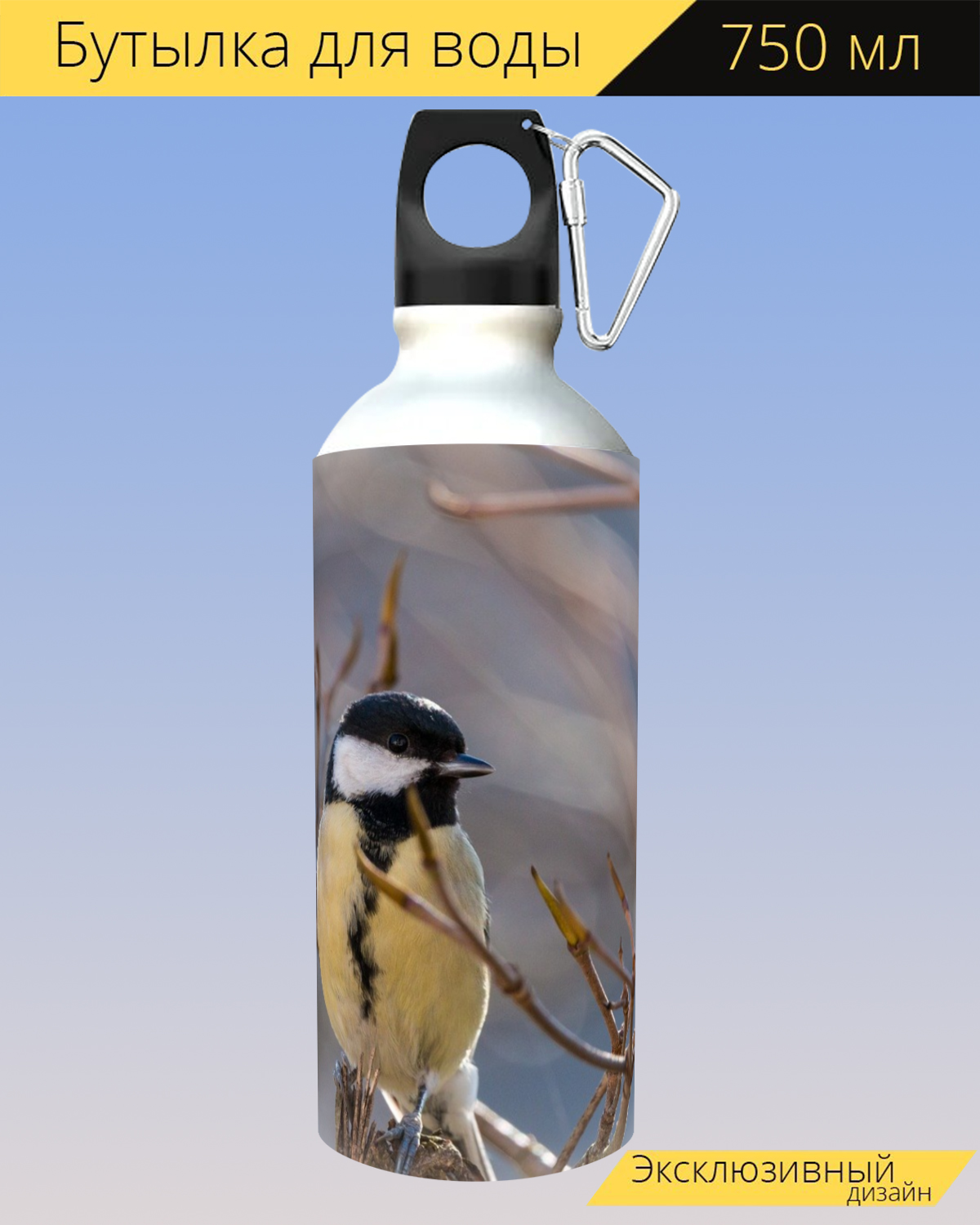 Бутылка фляга для воды "Большая синица, певчая птица, птица" 750 мл. с карабином и принтом
