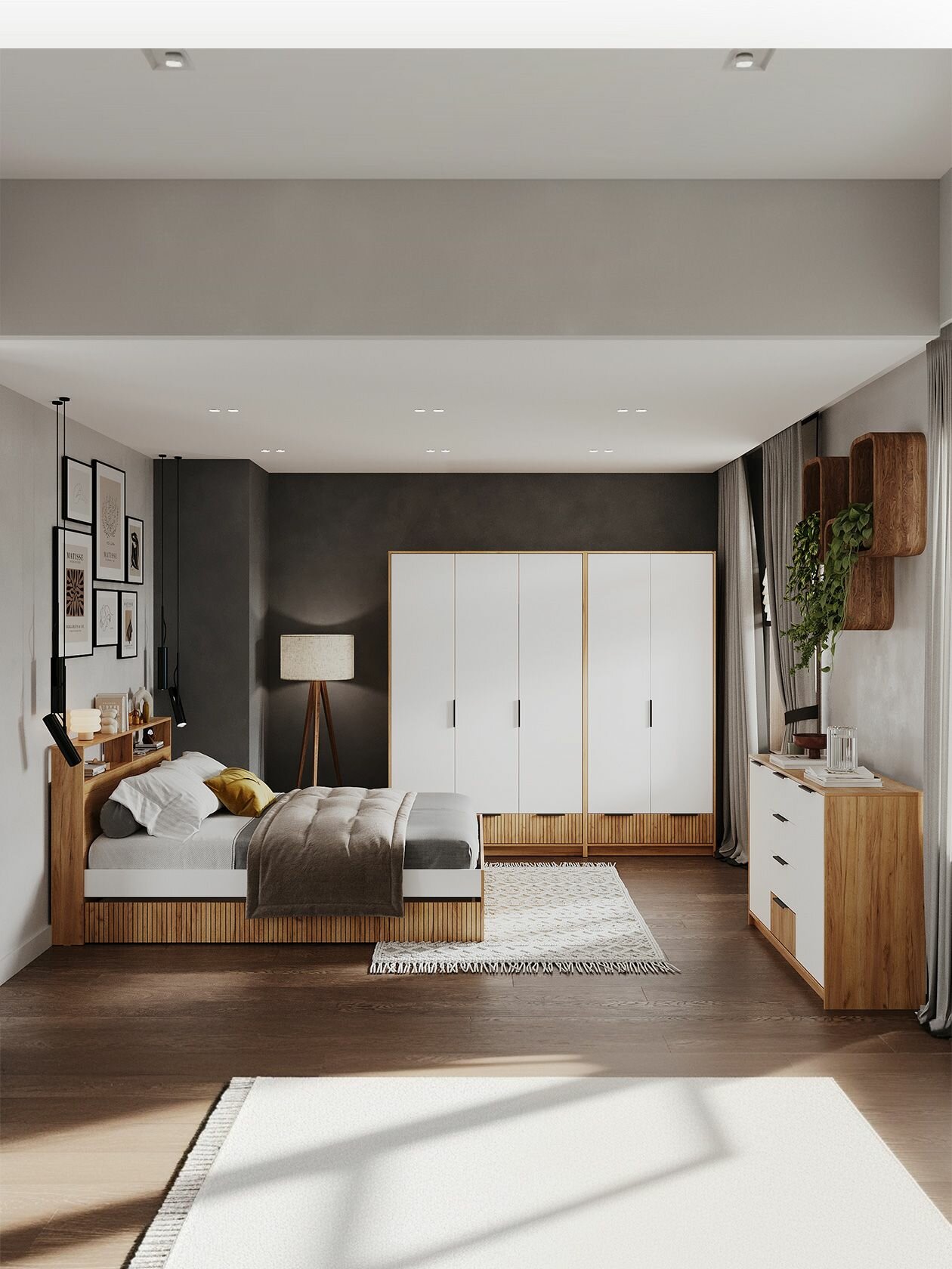 Спальный гарнитур, комплект Ивис кровать, со шкафом, с комодом, Дуб Крафт золотой / Белый / Дуб Крафт золотой, фотопечать