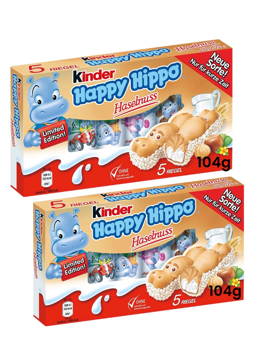 Шоколадно молочное печенье Kinder Happy Hippo Hazelnut / Киндер Хеппи Хиппо с фундуком, 104г. х 2 шт (Германия)