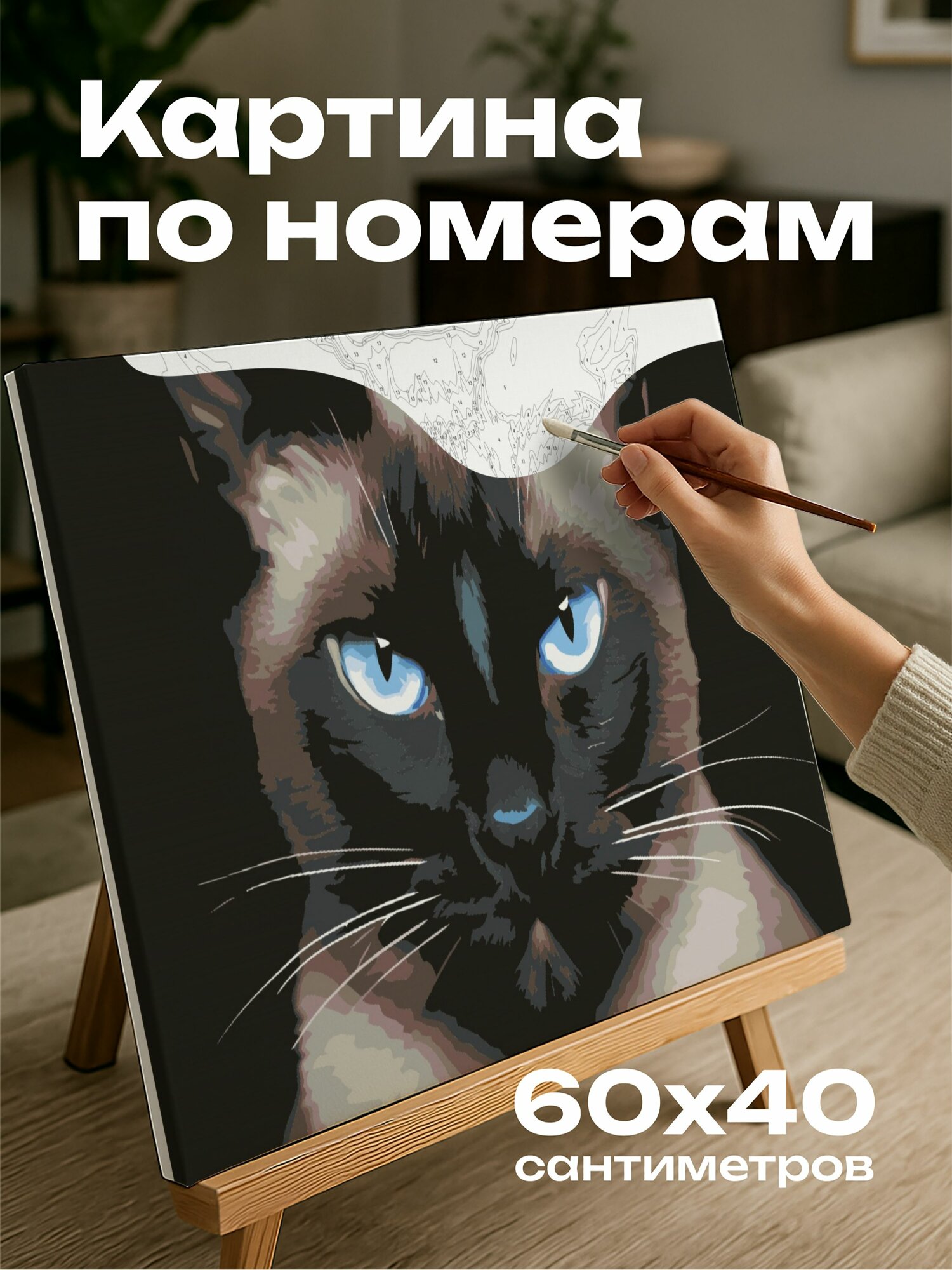 Картина по номерам 60x40 см, сиамская кошка, голубые глаза, магнетизм, тени, черты, таинственность