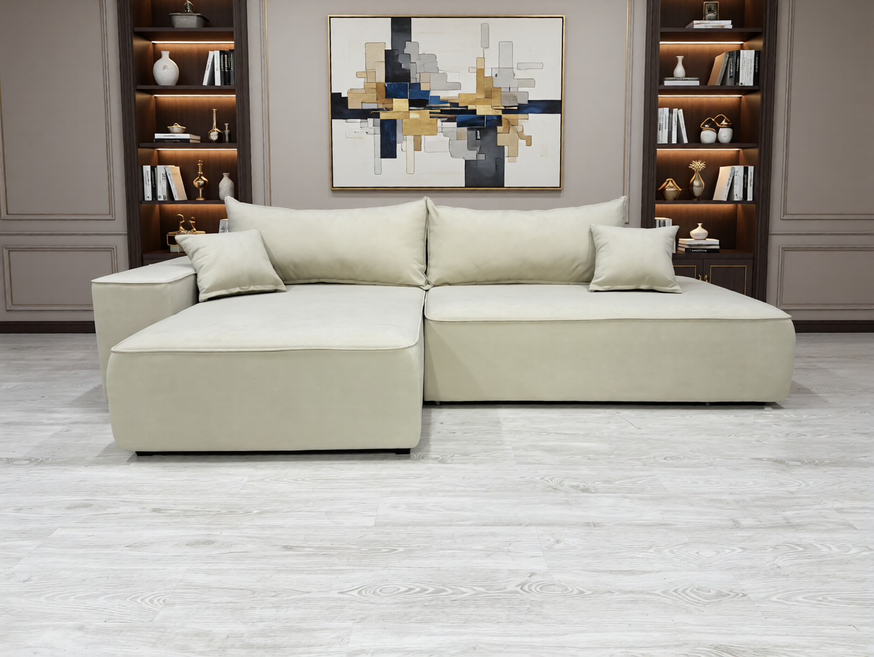 POOH Угловой диван Флай Sand Левый, 275х160х80, еврокнижка, раскладной , с ящиком для белья, в гостиную, лофт