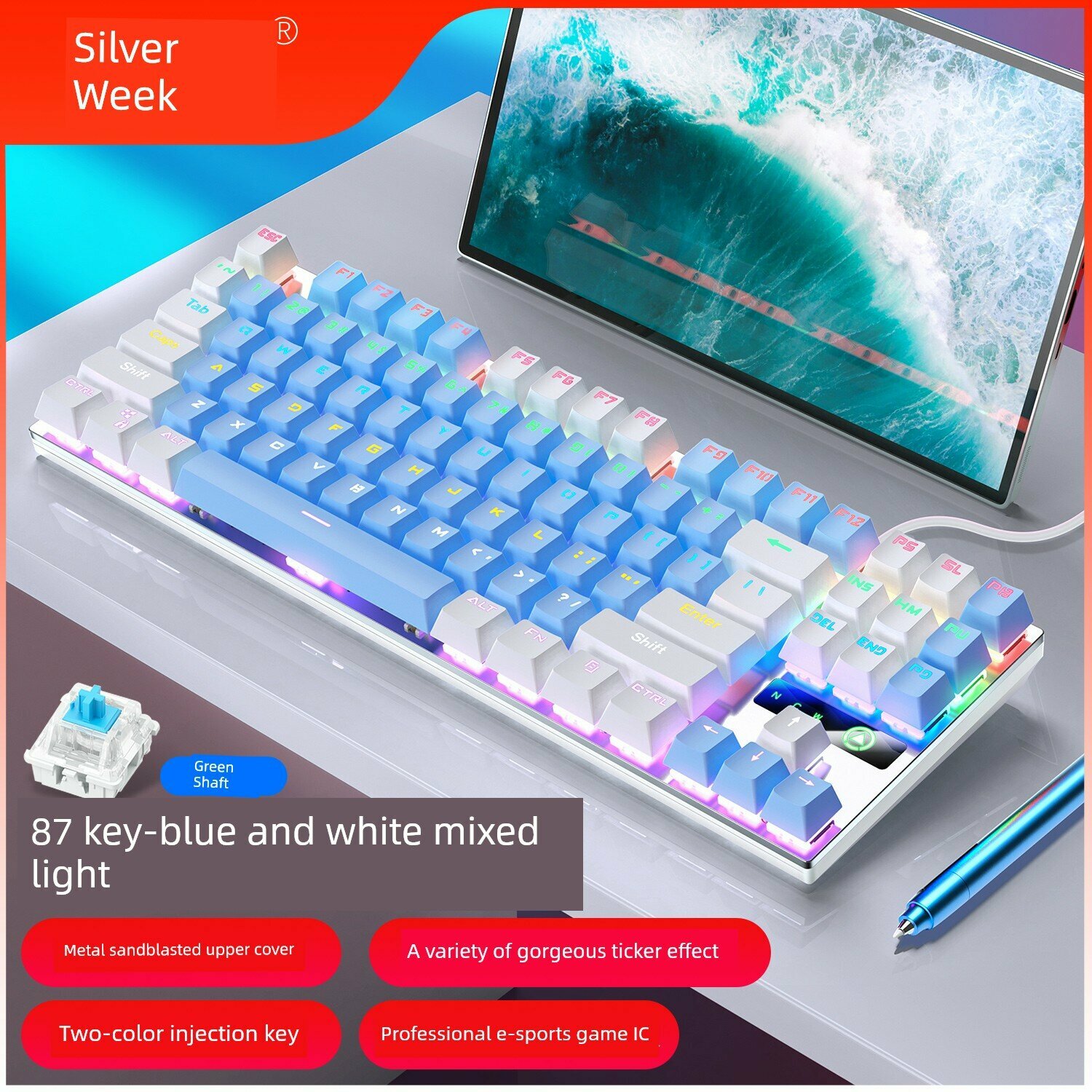 Синяя и белая механическая клавиатура с переключателем Cherry MX Blue, 87 клавиш для ноутбука Lenovo Legion