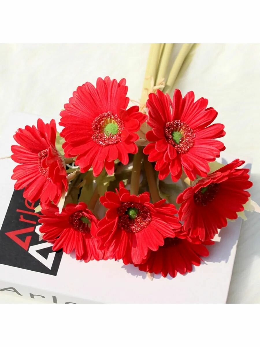 Цветы искусственные для декора флористов премиум Гербера из силикона букет 7 веток 32 см красная