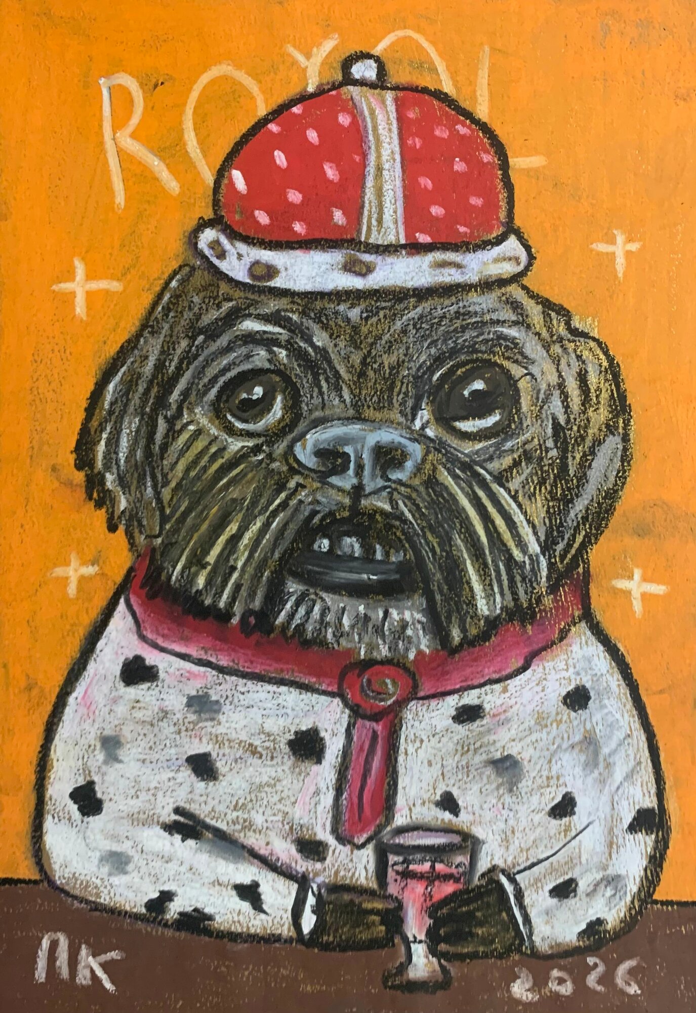 Рисунок масляной пастелью на бумаге Drinking dog #155 (2026) / Пьющая собака 155. Художник Курагин Павел. Единственный экземпляр. Размер 21х29,7 см