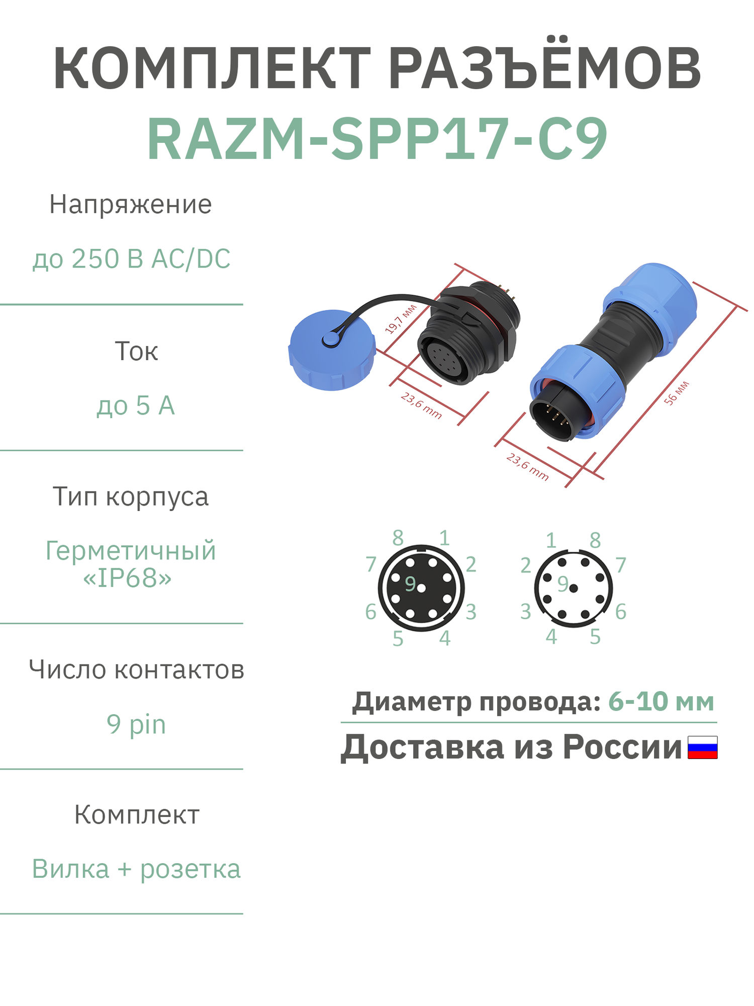 RAZM-SPP17-C9 разъём герметичный SP17 водонепроницаемый IP68 / 9 pin прямой / вилка+приборная розетка