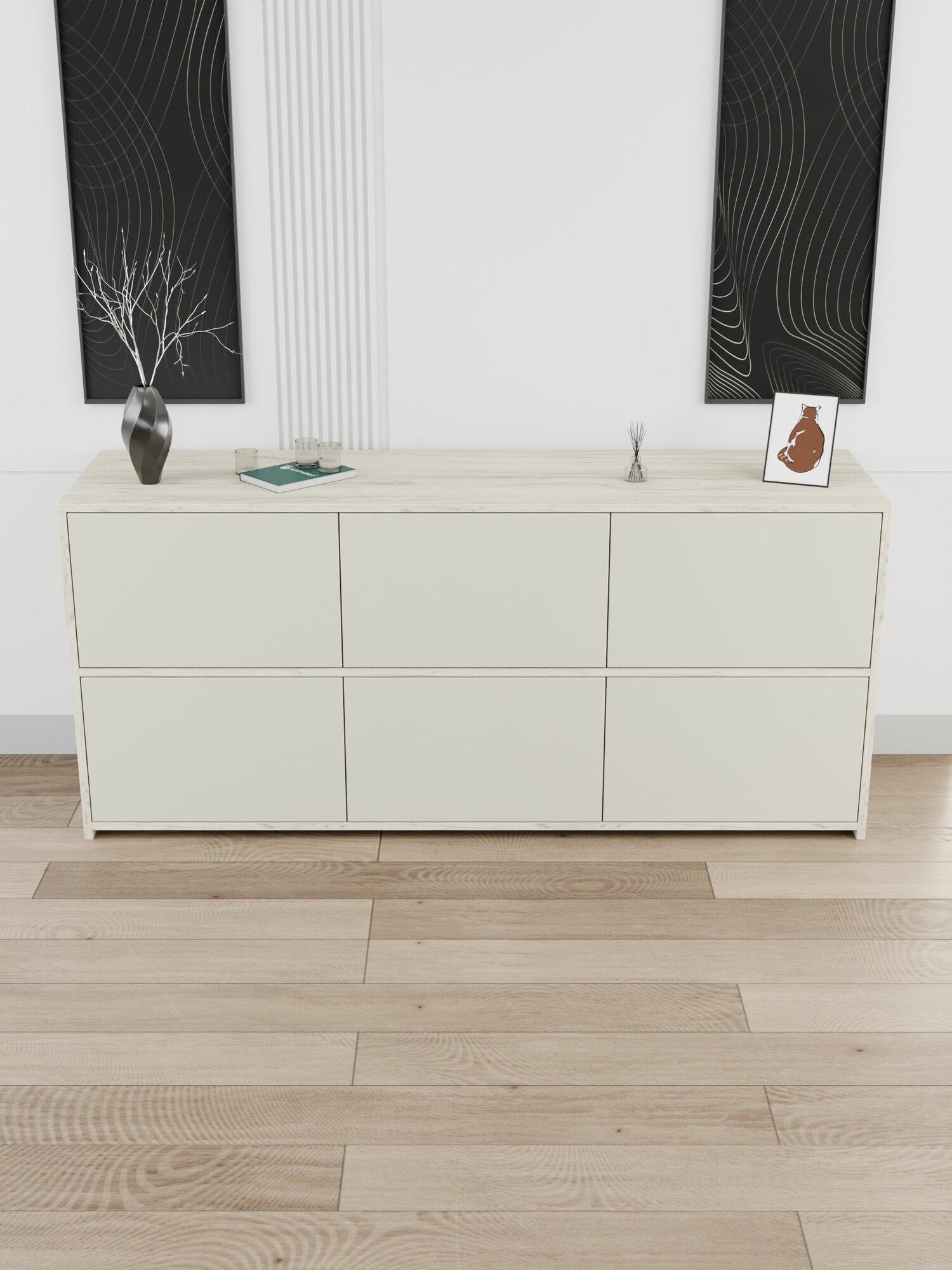 Изумлит Комод для белья и одежды Каллисто 150х66.8х40 см, дуб крафт белый/бежевый