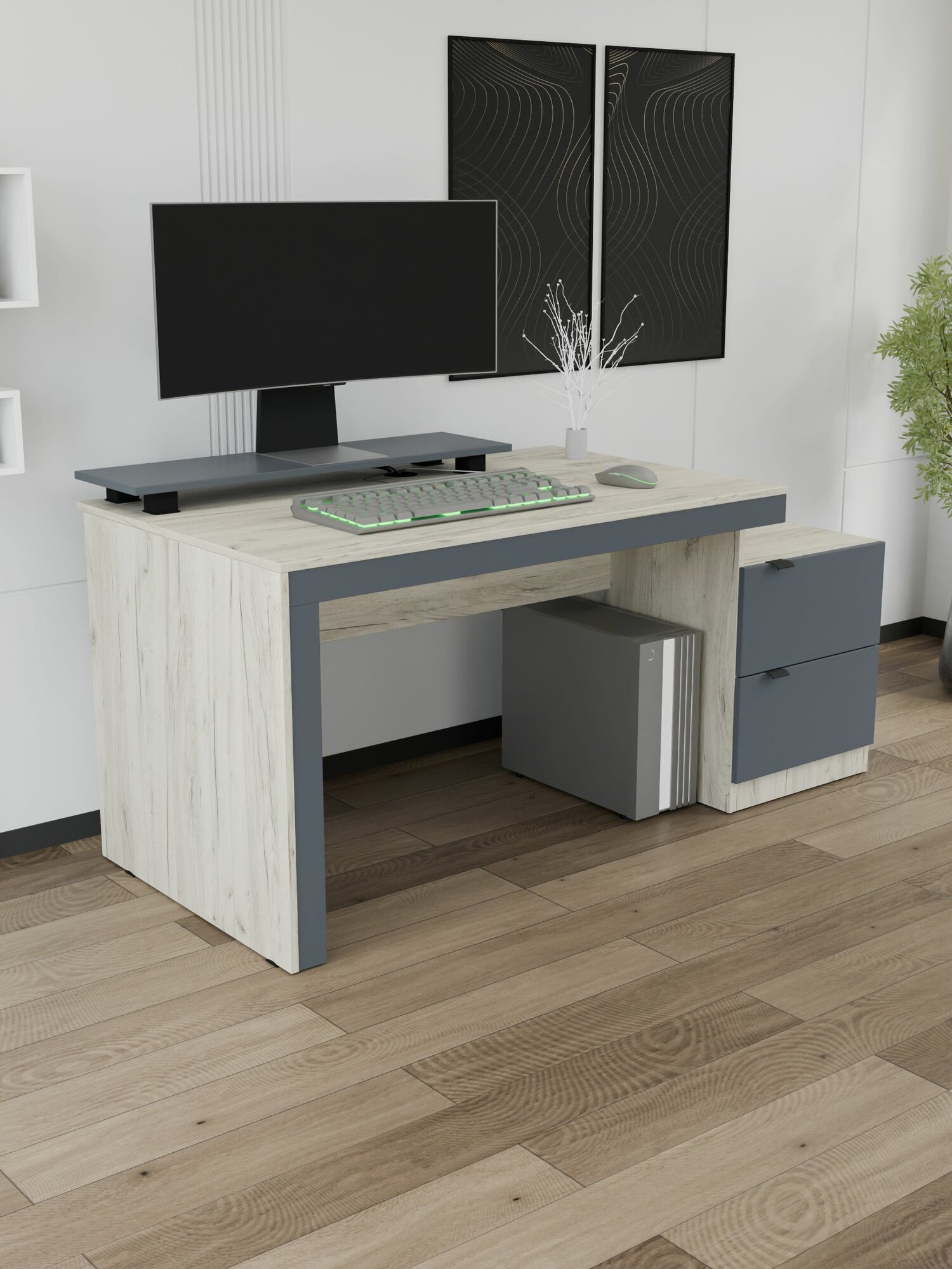 Изумлит Стол компьютерный для офиса и дома Вертикаль Компакт Лайт 165х73х74.5 см, тумба справа, дуб крафт белый - графит