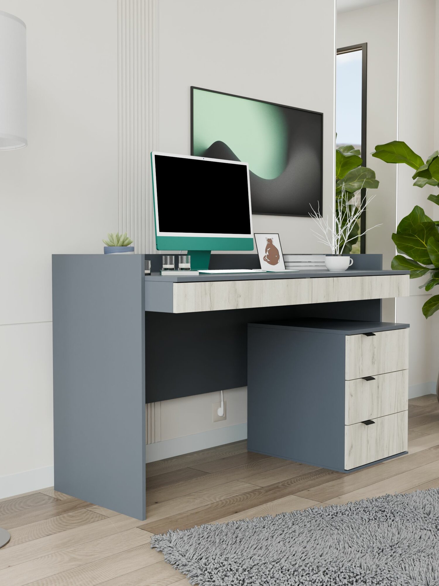 Изумлит Стол компьютерный для офиса и дома Бастион 140х87х64.5 см, корпус+столешница-графит/фасад-дуб крафт белый