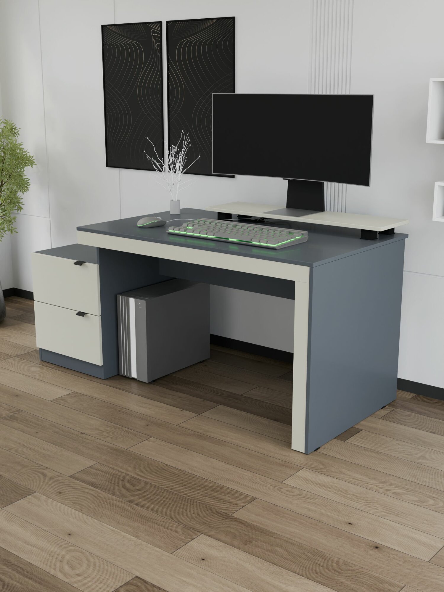 Изумлит Стол компьютерный для офиса и дома Вертикаль Компакт Лайт 165х73х74.5 см, тумба слева, графит-бежевый