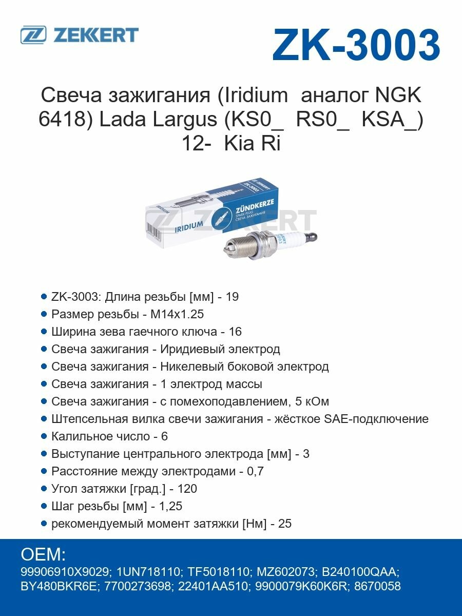Свеча зажигания Lada Largus с 2012 года Toyota Corolla (E100 E11), иридиевая