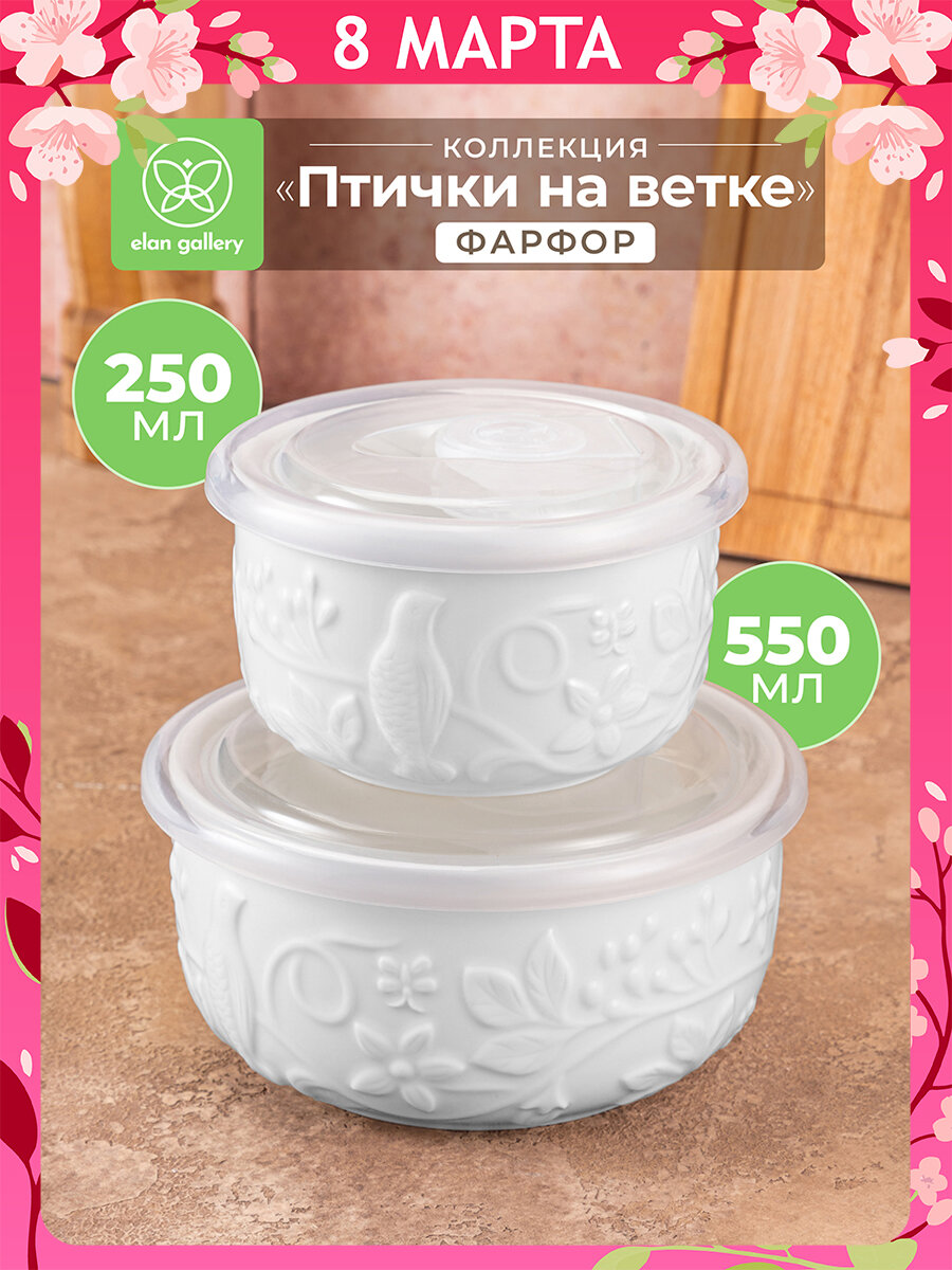 Набор салатников 2 предмета Elan Gallery Птички на ветке, 250 мл + 550 мл, с пластиковыми крышками