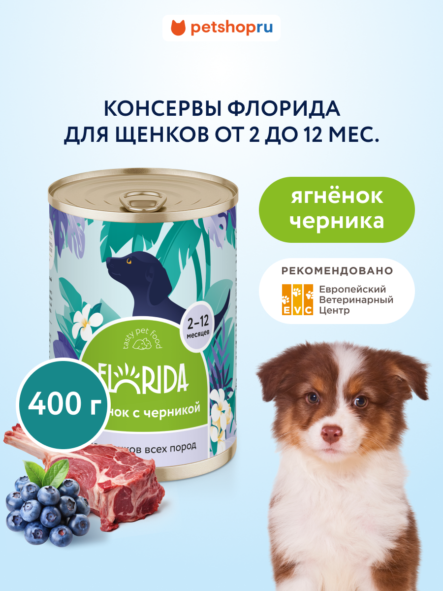 FLORIDA Консервы для щенков, ягненок с черникой, 1 шт, влажный корм, 400 г