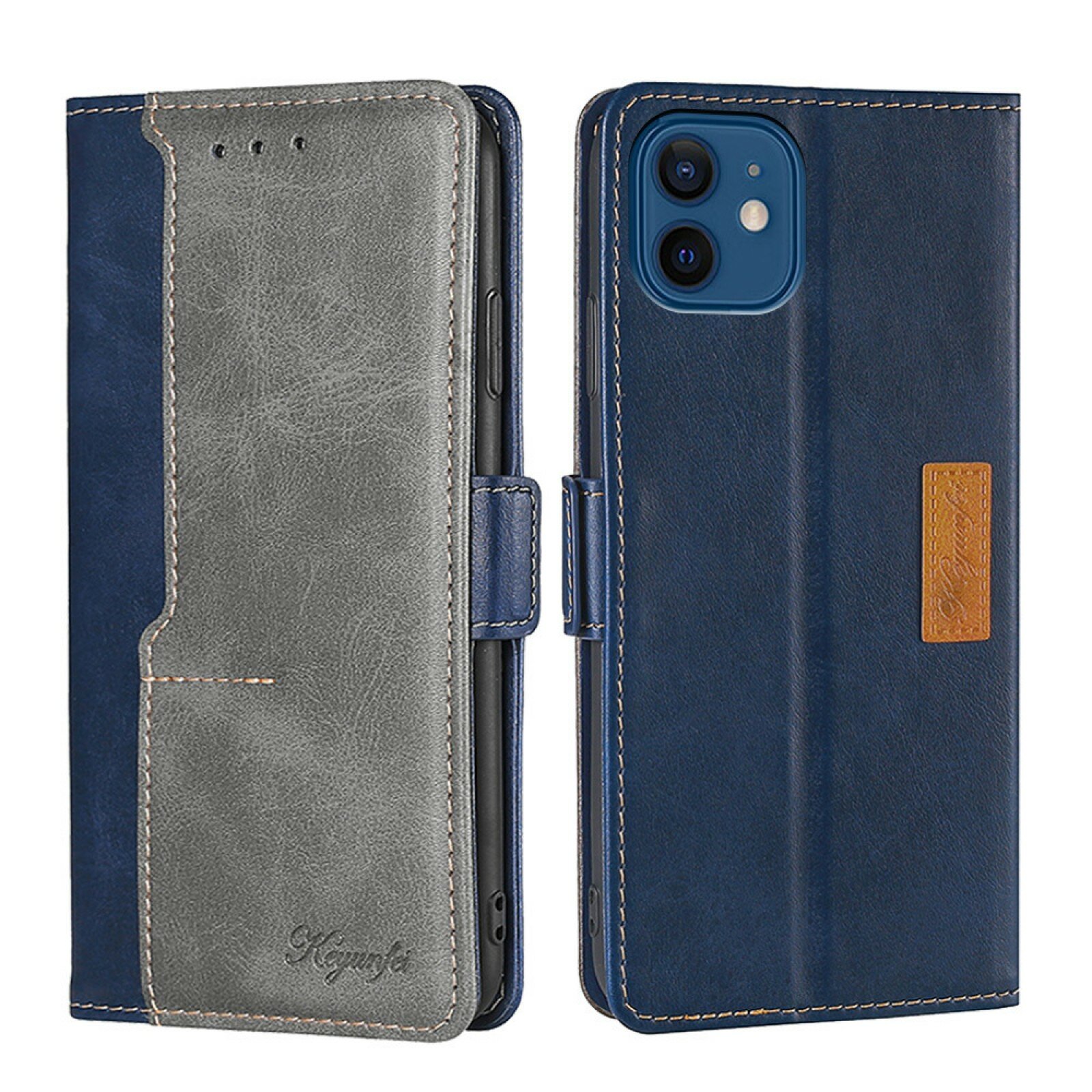 Чехол-книжка MyPads для Apple iPhone 12 / 12 Pro с магнитным фиксатором и отделением для карт, синий + серый