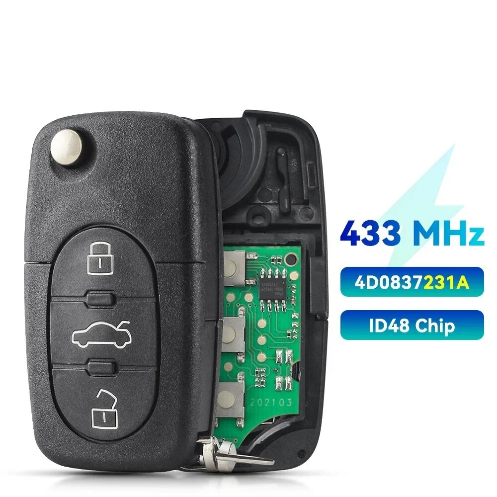 Ключ авто 433 МГц ID48 для Audi A3 A4 A6 A8 TT, 3 BNT, 4D0837231