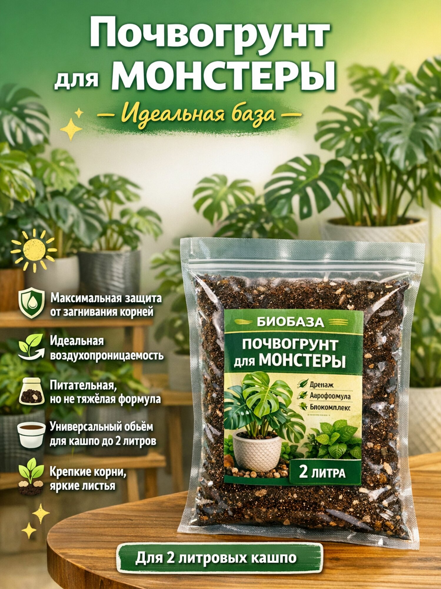 Почвогрунт для монстеры для кашпо до 2л премиум грунт для растений