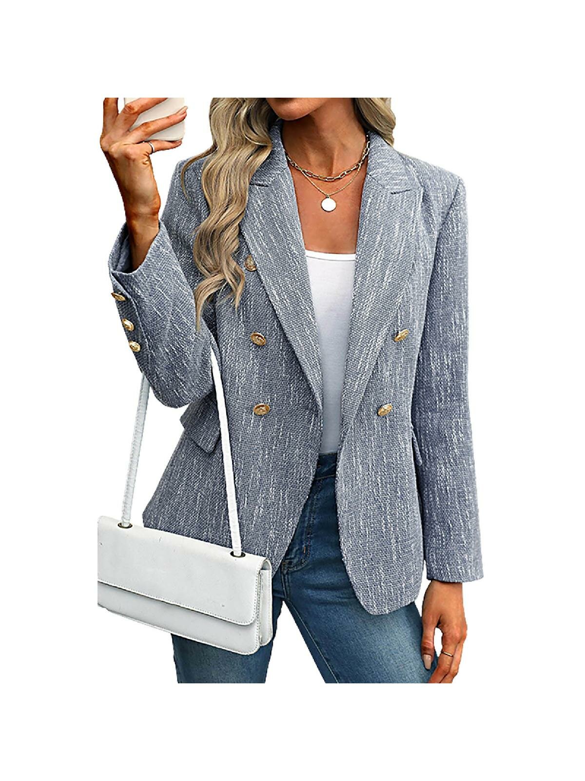 Женский Твидовый Блейзер В деловом стиле, Повседневный - Двубортный пиджак С длинными рукавами, Рабочий костюм с открытой передней частью