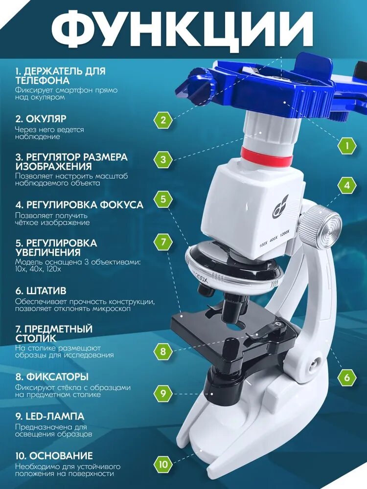 Микроскоп GREEN CLEAN с увеличением до 1200x, набор микропрепаратов, держатель для телефона, 35 предметов — фото 1