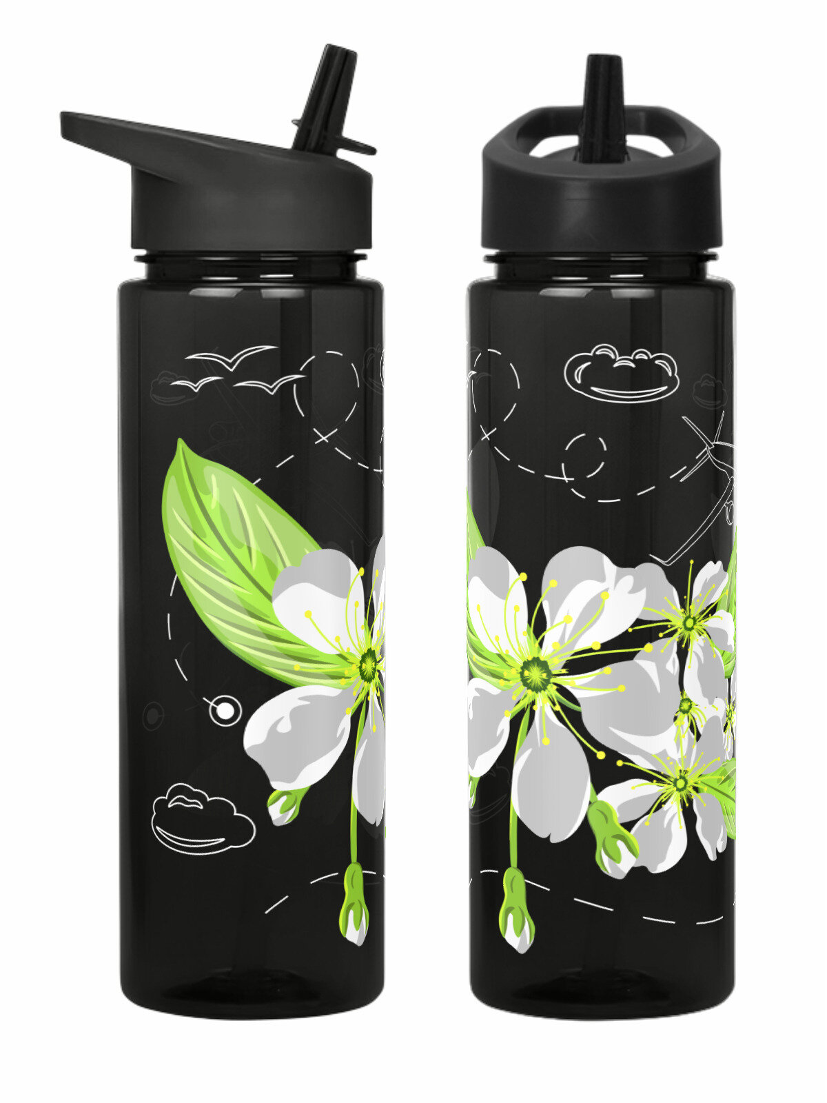 Бутылка черная для воды с принтом Цветы Вишня и самолёты