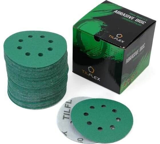 Абразивный круг GREEN Film 125 мм, P240, 8 отверстий, на липучке, 100 шт TILFLEX