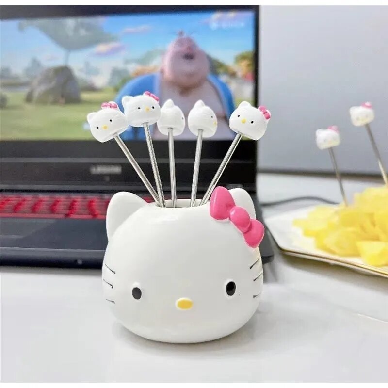 Набор вилок для салата белый Hello Kitty из нержавеющей стали с подставкой, 10 шт.