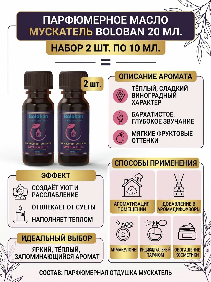 Парфюмерное масло Мускатель Boloban 20 мл. (2 упаковки по 10 мл) тёплый сладкий виноградный аромат, концентрированная парфюмерная отдушка