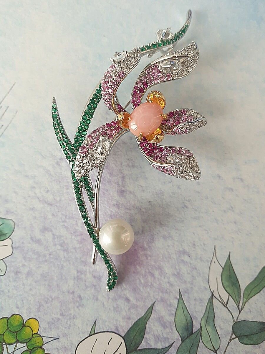 Брошь, фианит, жемчуг культивированный