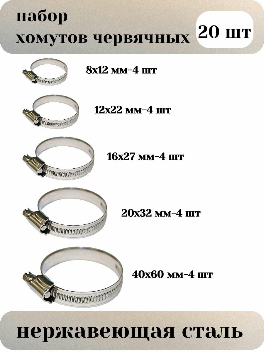 Набор хомутов червячных из 5 размеров: 8-12, 12-20, 16-25, 20-32, 40-60 мм, 20 шт. (хомуты металлические для шланга)