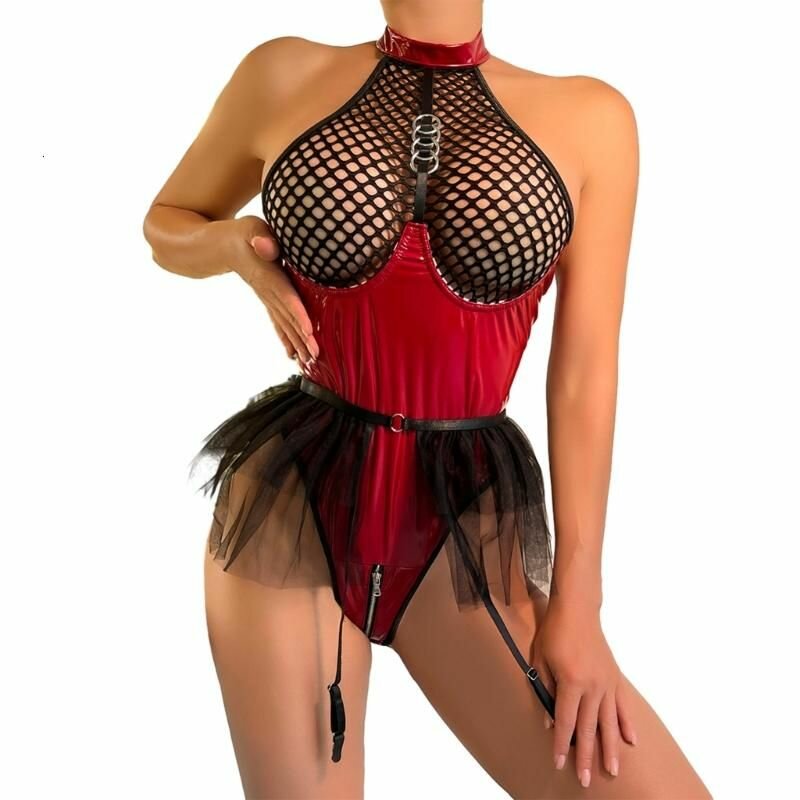 Сексуальное женское боди-комбинезон из сетки, Бордовый и черный - L