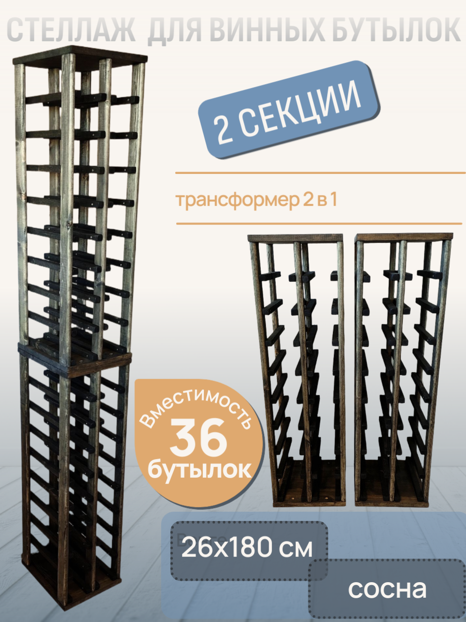 Стеллаж винный RackForWine узкий двурядный двухсекционный на 36 бутылок цвет черный